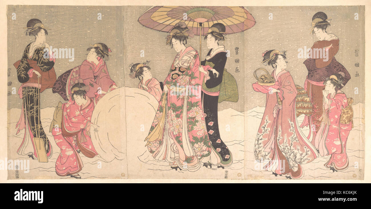 Courtesans and Attendants Playing in the Snow, 雪こかし, Edo period (1615 ...