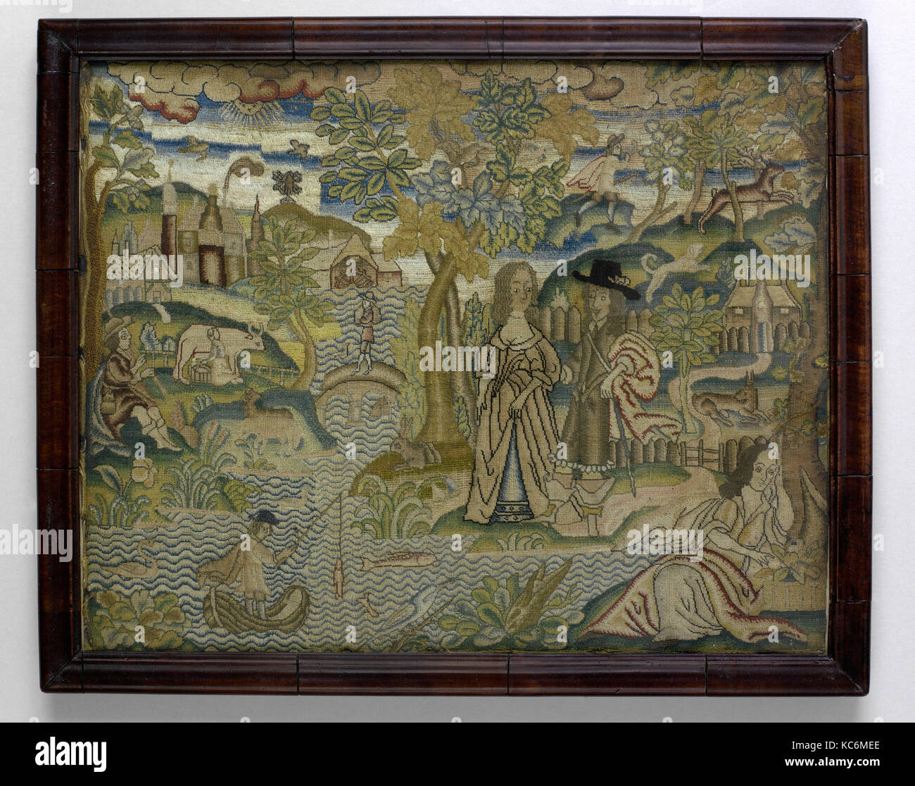 Framed picture, mid-17th century, British, Silk on canvas, H. 11 3/4 x ...