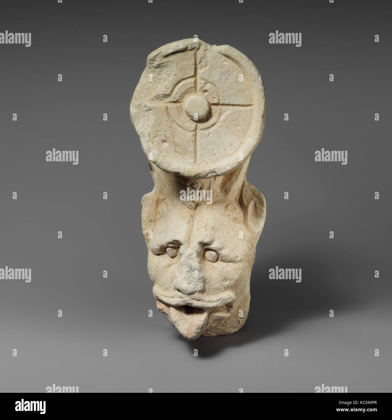 Fragment of a limestone throne (?) with the head of a horned lion, ca ...