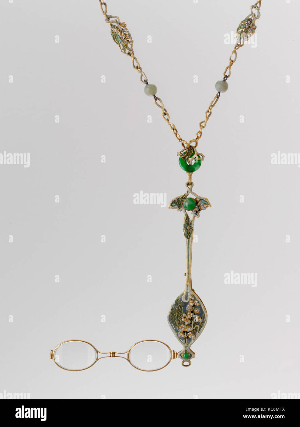 Lorgnette and chain, ca. 1900, Gold, enamel, diamonds, jade, glass ...