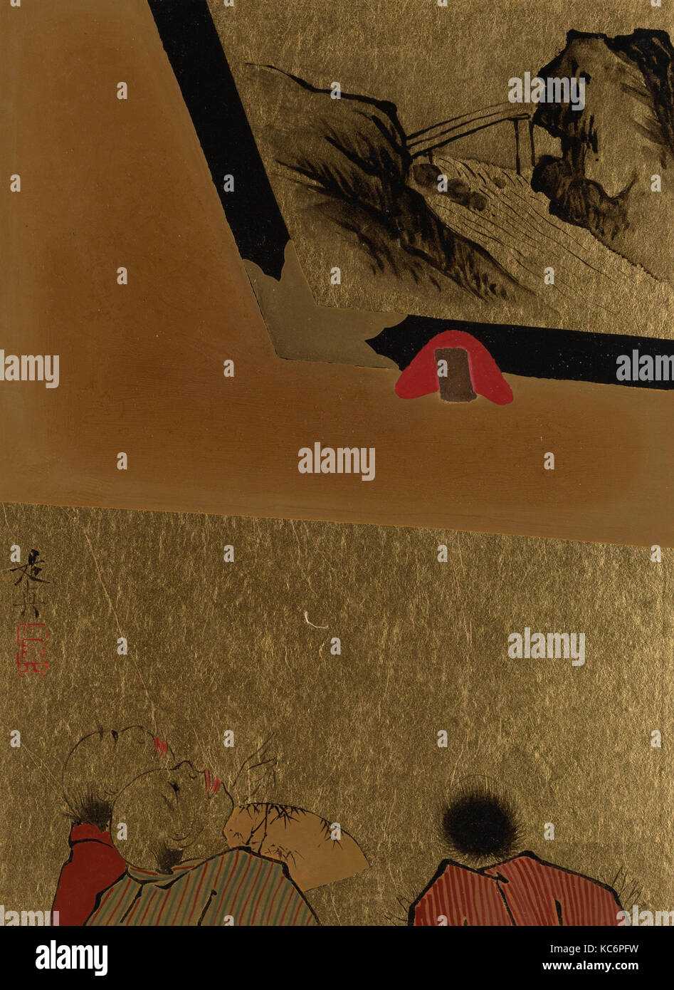 Three Men Looking at Framed Lacquer Drawing, Shibata Zeshin Stock Photo ...