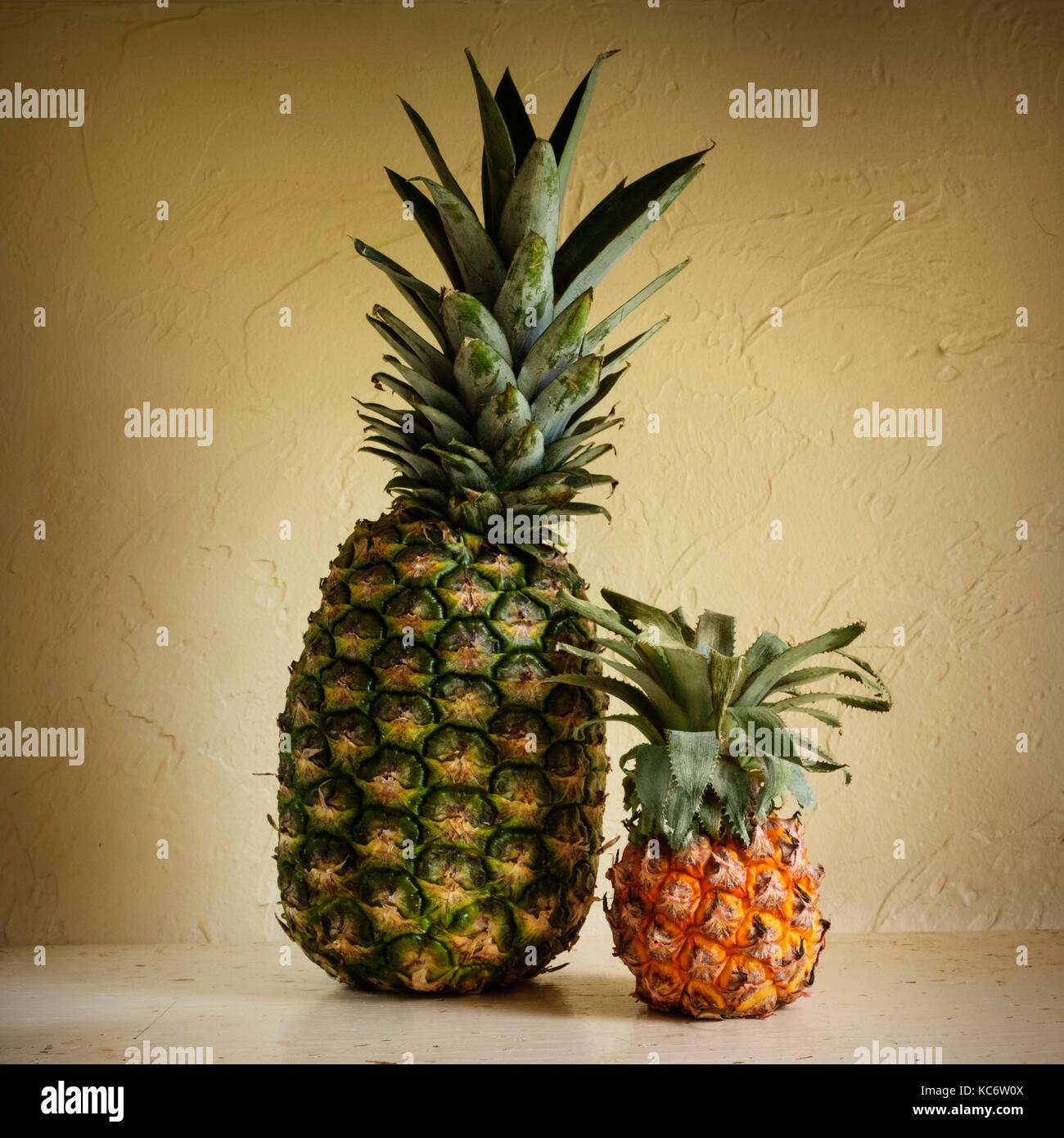 Fresh and rotting pineapples against yellow wall Stock Photo - Alamy