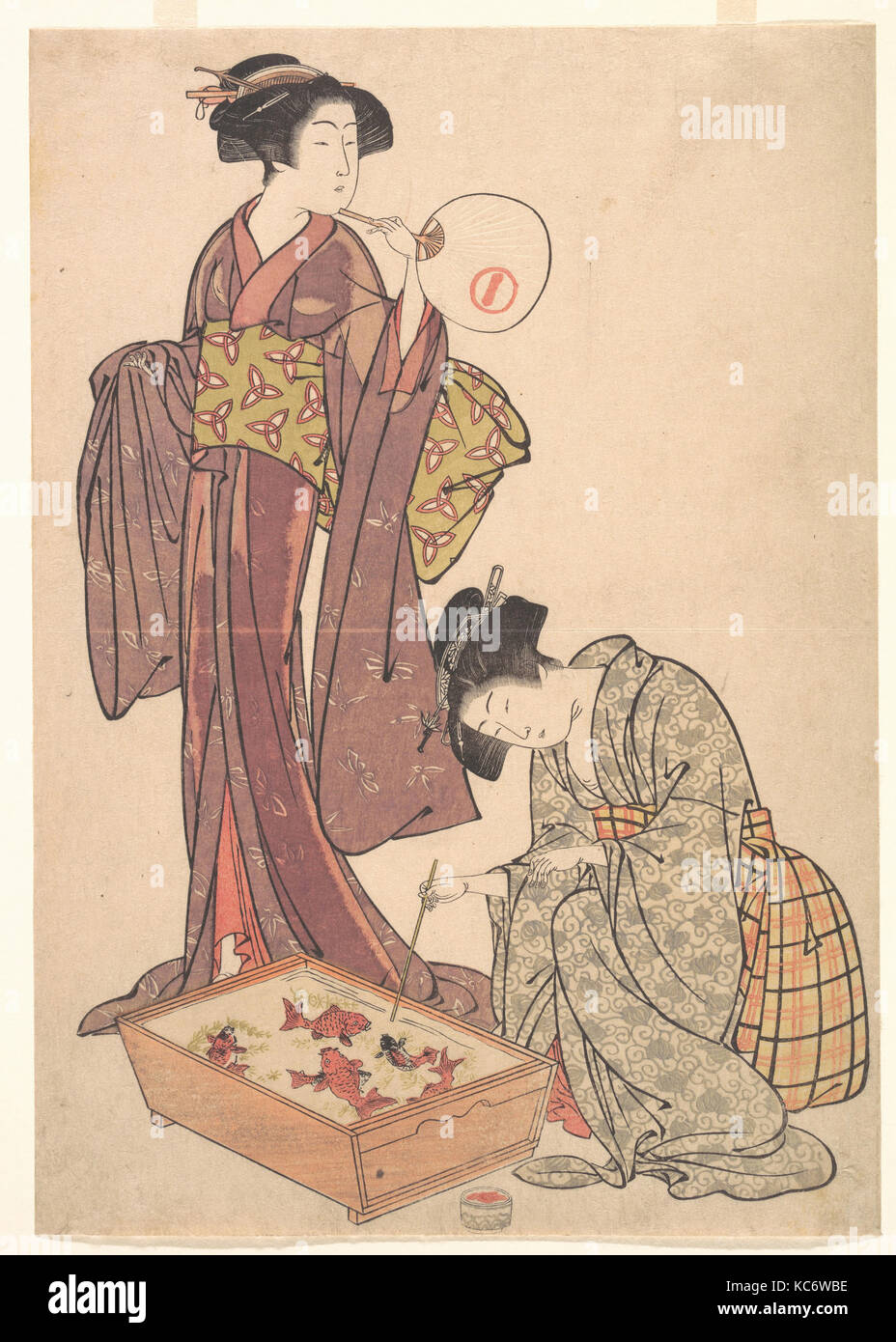 Two Women Feeding Fish, Edo period (1615–1868), 1739–1820, Japan, Polychrome woodblock print ...