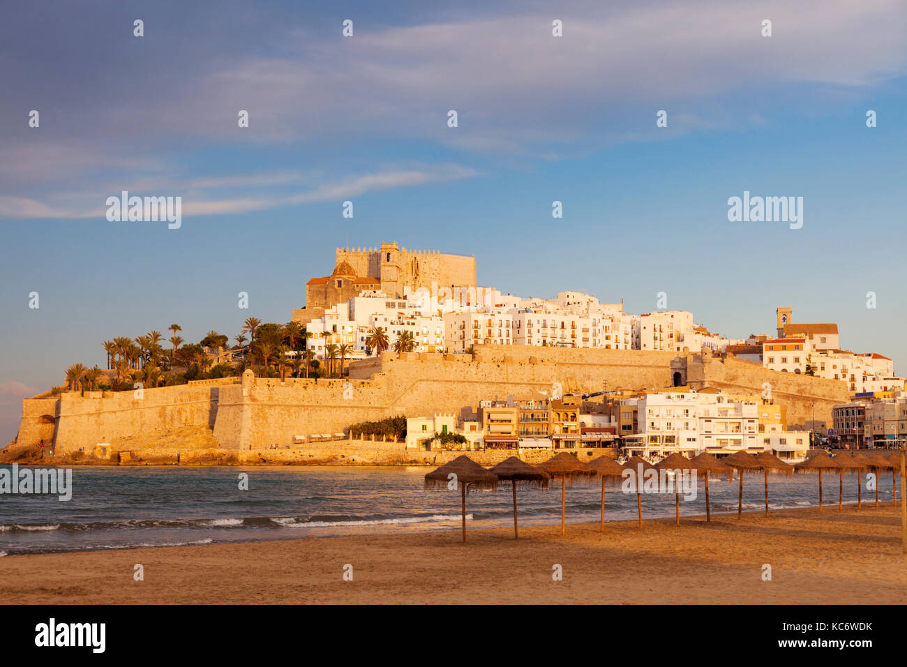 Spain, Valencian Community, Peniscola, Waterfront town on hill with sea ...