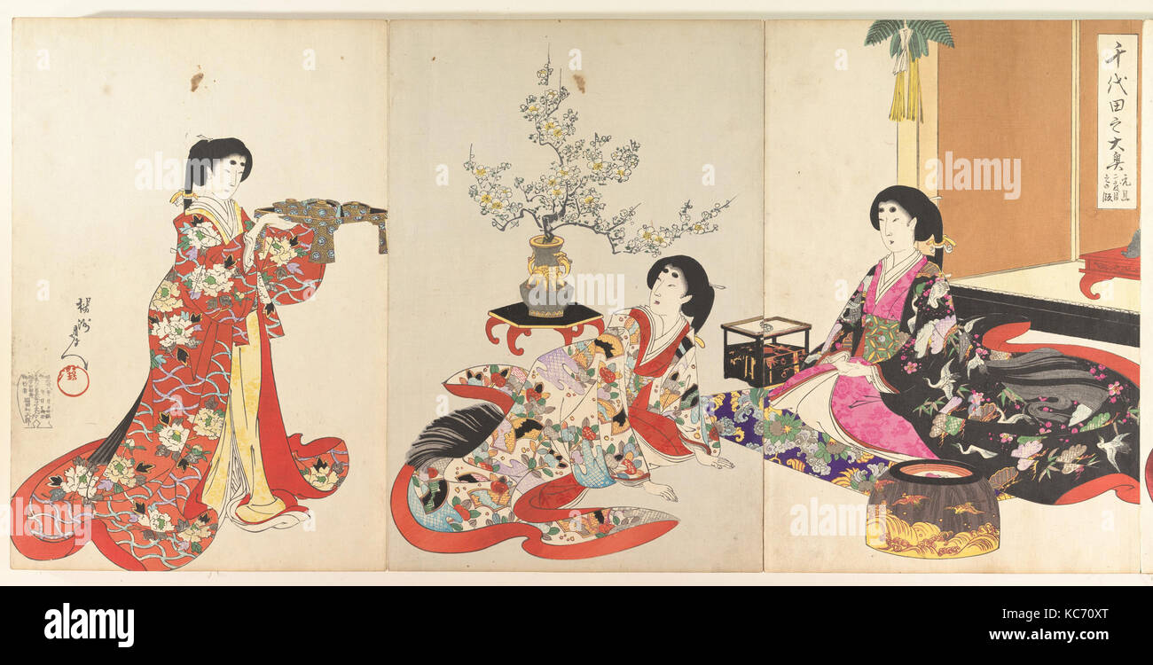 Chiyoda Castle (Album of Women), Meiji period (1868–1912), 1895, Japan, Triptych of polychrome ...
