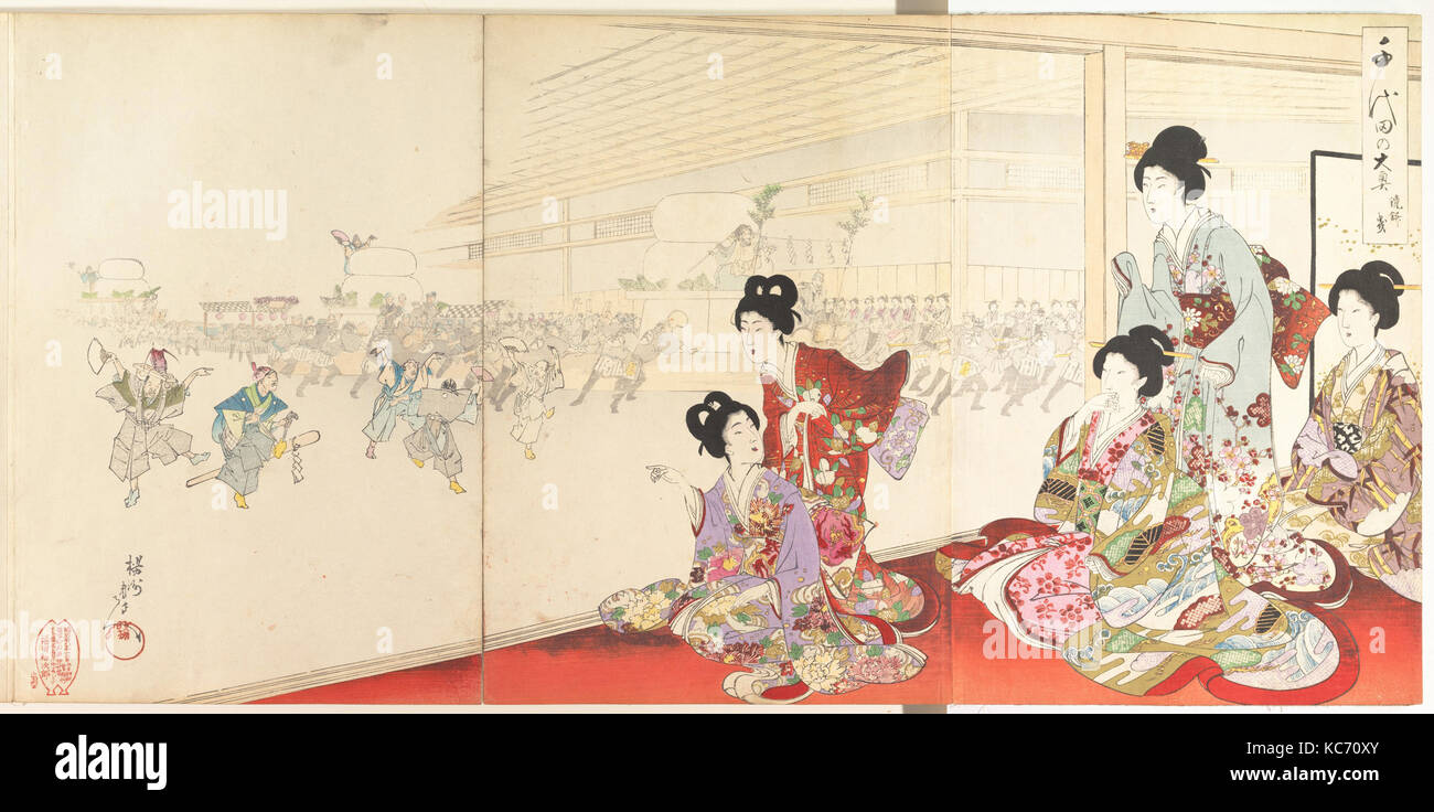 Chiyoda Castle (Album of Women), Meiji period (1868–1912), 1895, Japan, Triptych of polychrome ...
