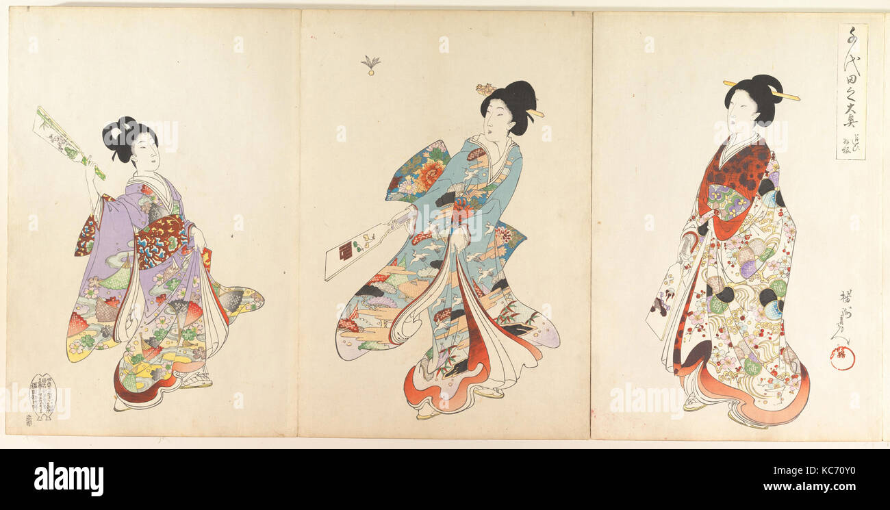 Chiyoda Castle (Album of Women), Meiji period (1868–1912), 1895, Japan, Triptych of polychrome ...