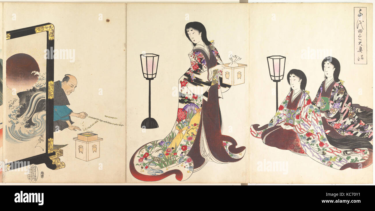Chiyoda Castle (Album of Women), Meiji period (1868–1912), 1895, Japan, Triptych of polychrome ...
