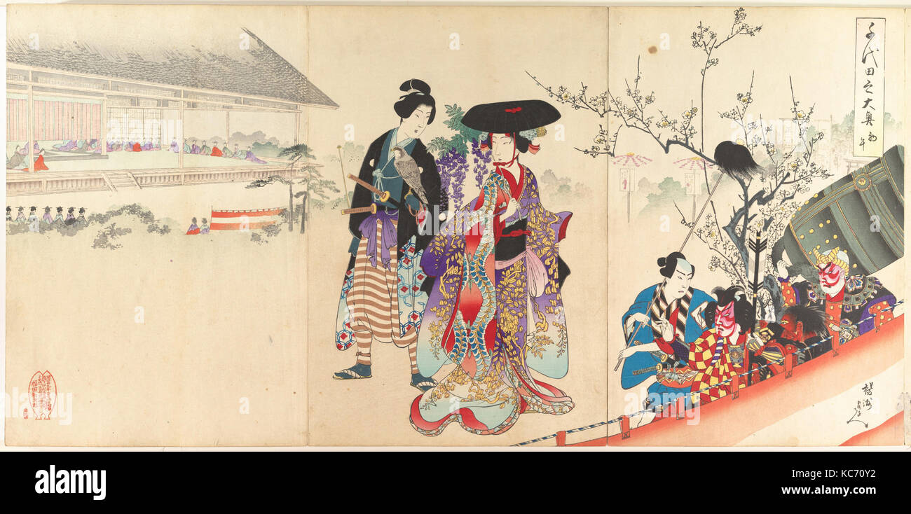 Chiyoda Castle (Album of Women), Meiji period (1868–1912), 1895, Japan, Triptych of polychrome ...