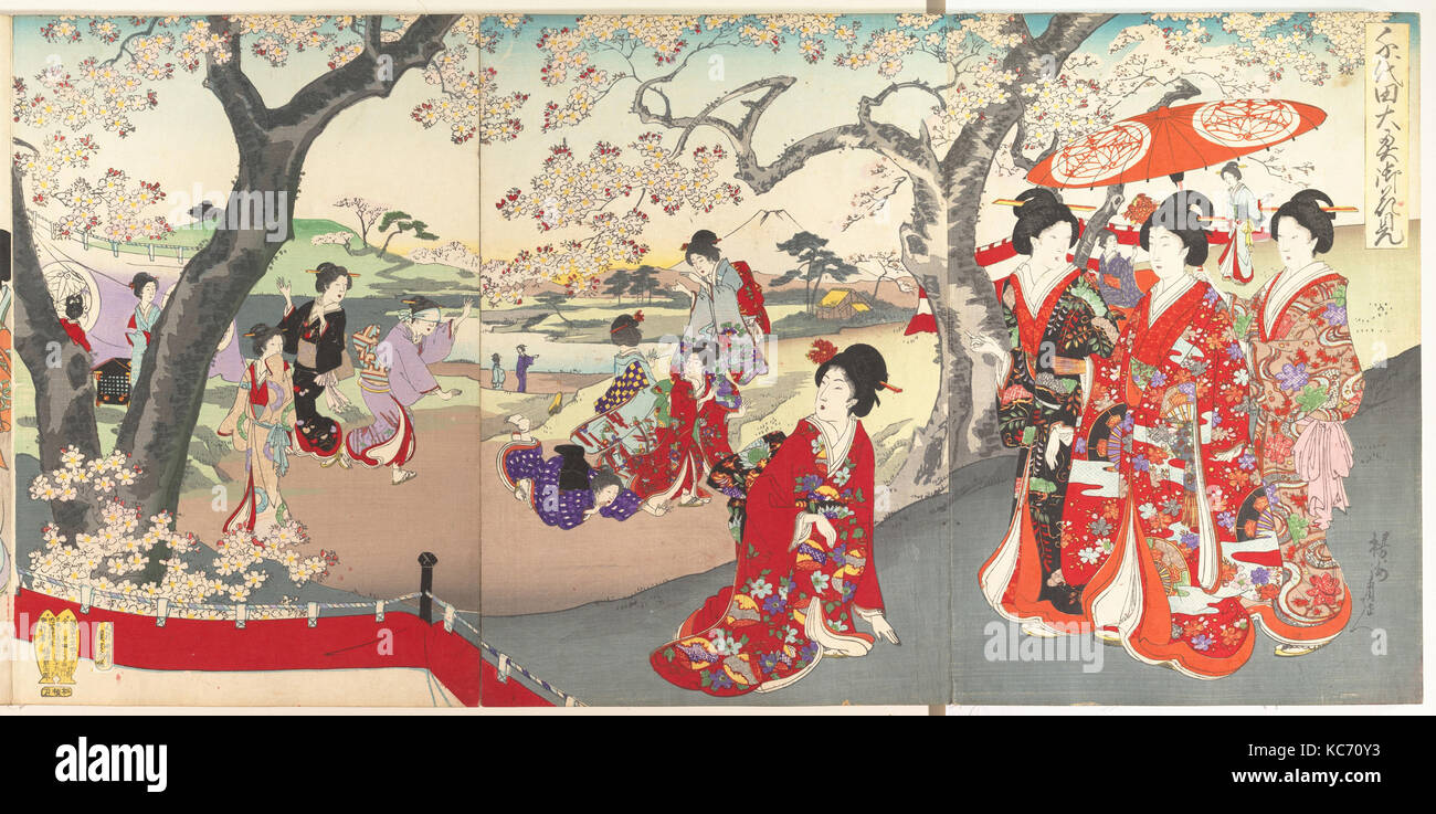 Chiyoda Castle (Album of Women), Meiji period (1868–1912), 1895, Japan, Triptych of polychrome ...