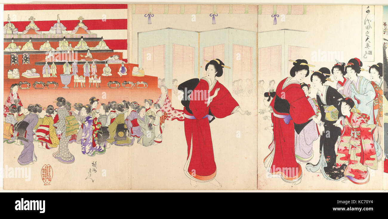 Chiyoda Castle (Album of Women), Meiji period (1868–1912), 1895, Japan, Triptych of polychrome ...