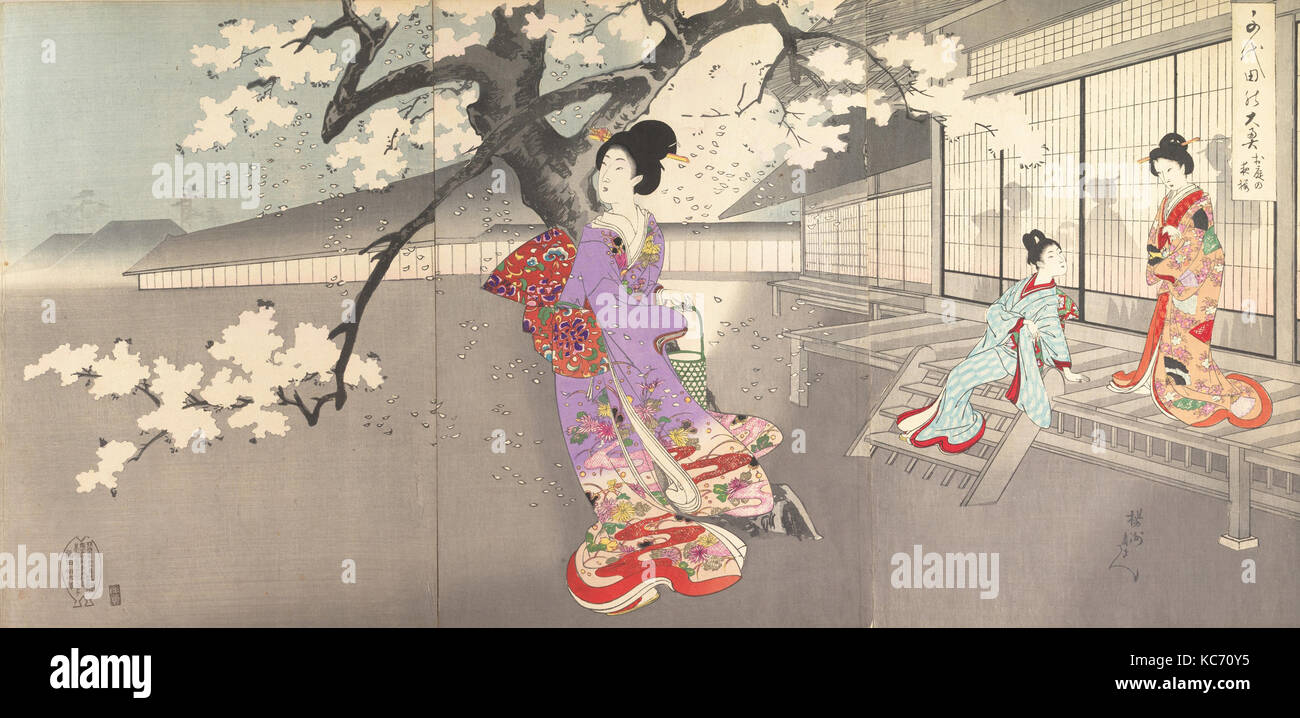 Chiyoda Castle (Album of Women), Meiji period (1868–1912), 1895, Japan, Triptych of polychrome ...