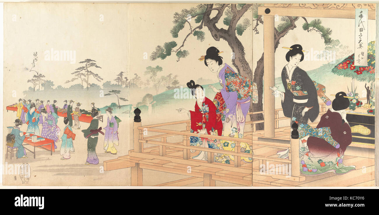 Chiyoda Castle (Album of Women), Meiji period (1868–1912), 1895, Japan, Triptych of polychrome ...