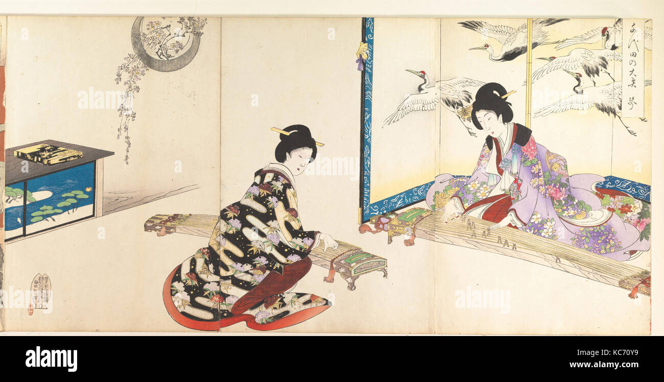 Chiyoda Castle (Album of Women), Meiji period (1868–1912), 1895, Japan, Triptych of polychrome ...