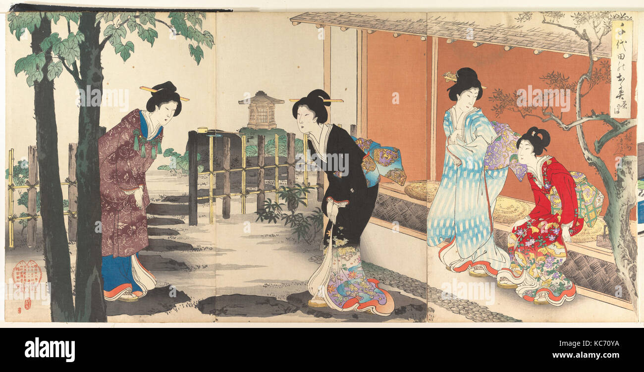 Chiyoda Castle (Album of Women), Meiji period (1868–1912), 1895, Japan, Triptych of polychrome ...