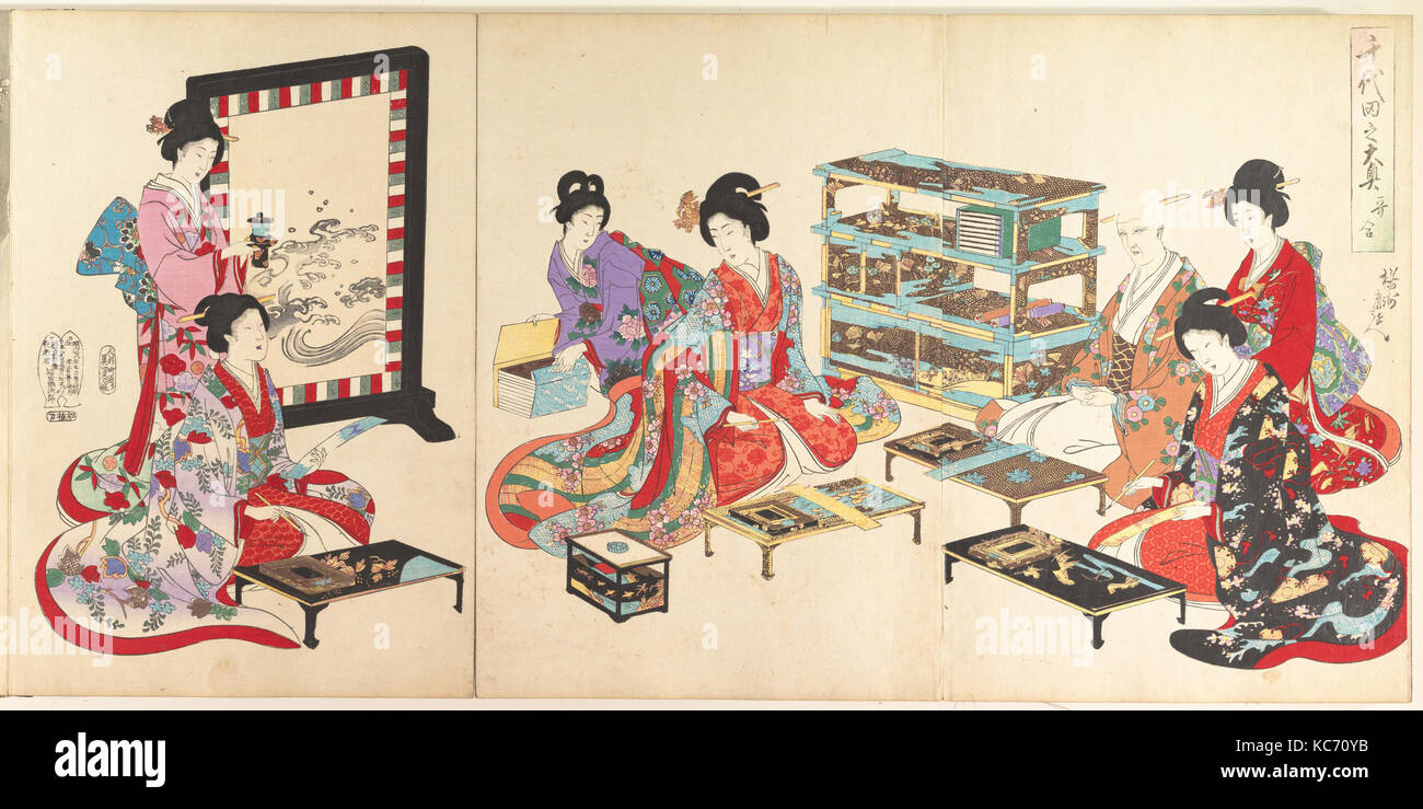 Chiyoda Castle (Album of Women), Meiji period (1868–1912), 1895, Japan, Triptych of polychrome ...