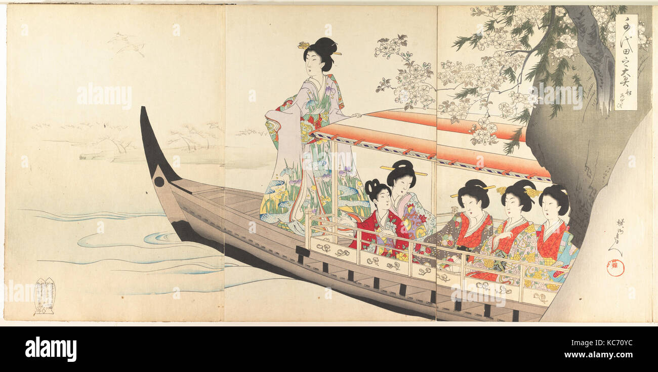 Chiyoda Castle (Album of Women), Meiji period (1868–1912), 1895, Japan, Triptych of polychrome ...