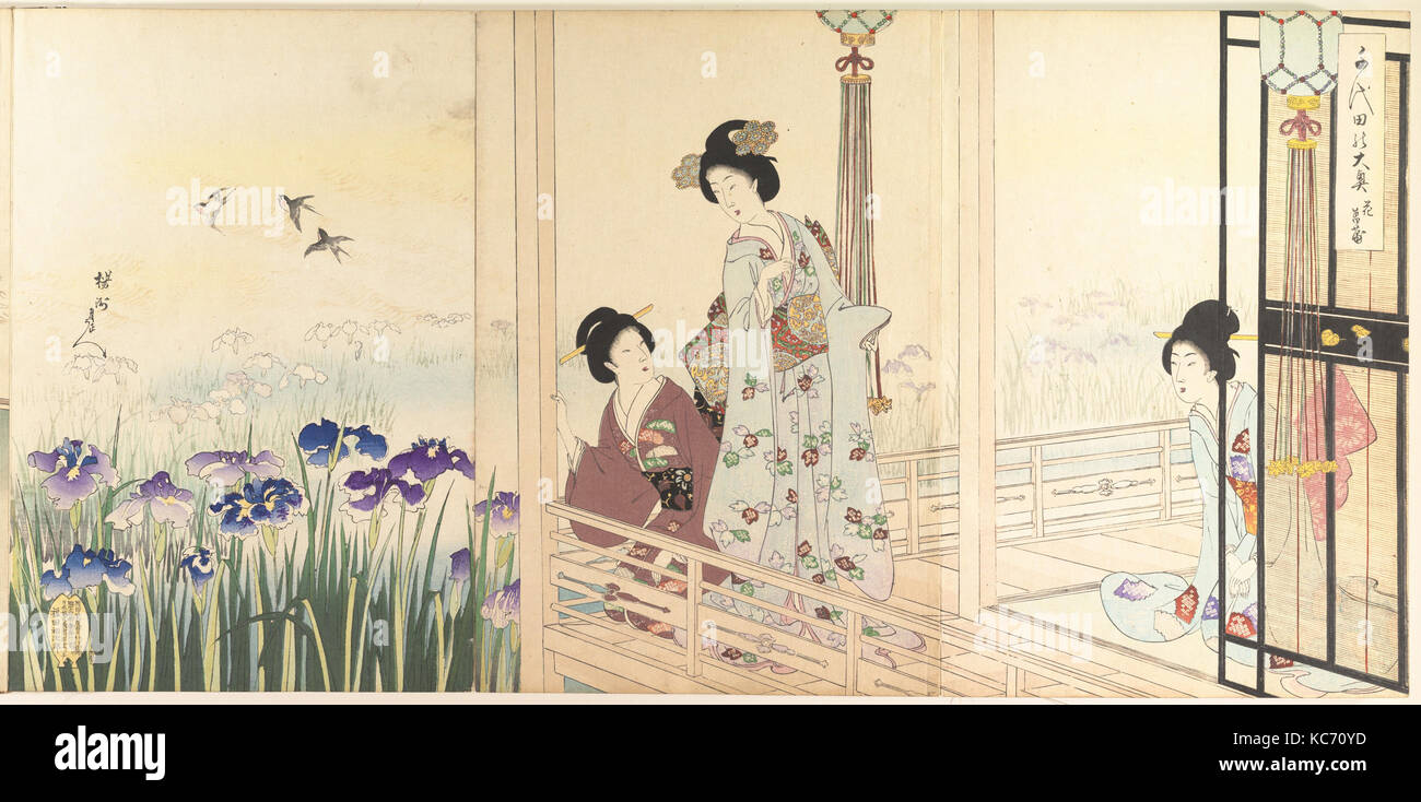Chiyoda Castle (Album of Women), Meiji period (1868–1912), 1895, Japan, Triptych of polychrome ...