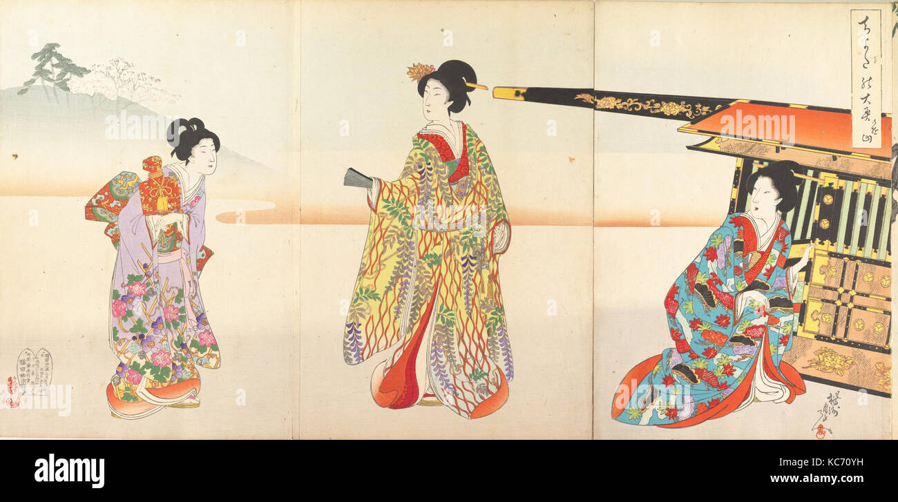 Chiyoda Castle (Album of Women), Meiji period (1868–1912), 1895, Japan, Triptych of polychrome ...