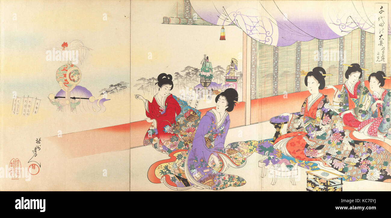 Chiyoda Castle (Album of Women), Meiji period (1868–1912), 1895, Japan, Triptych of polychrome ...