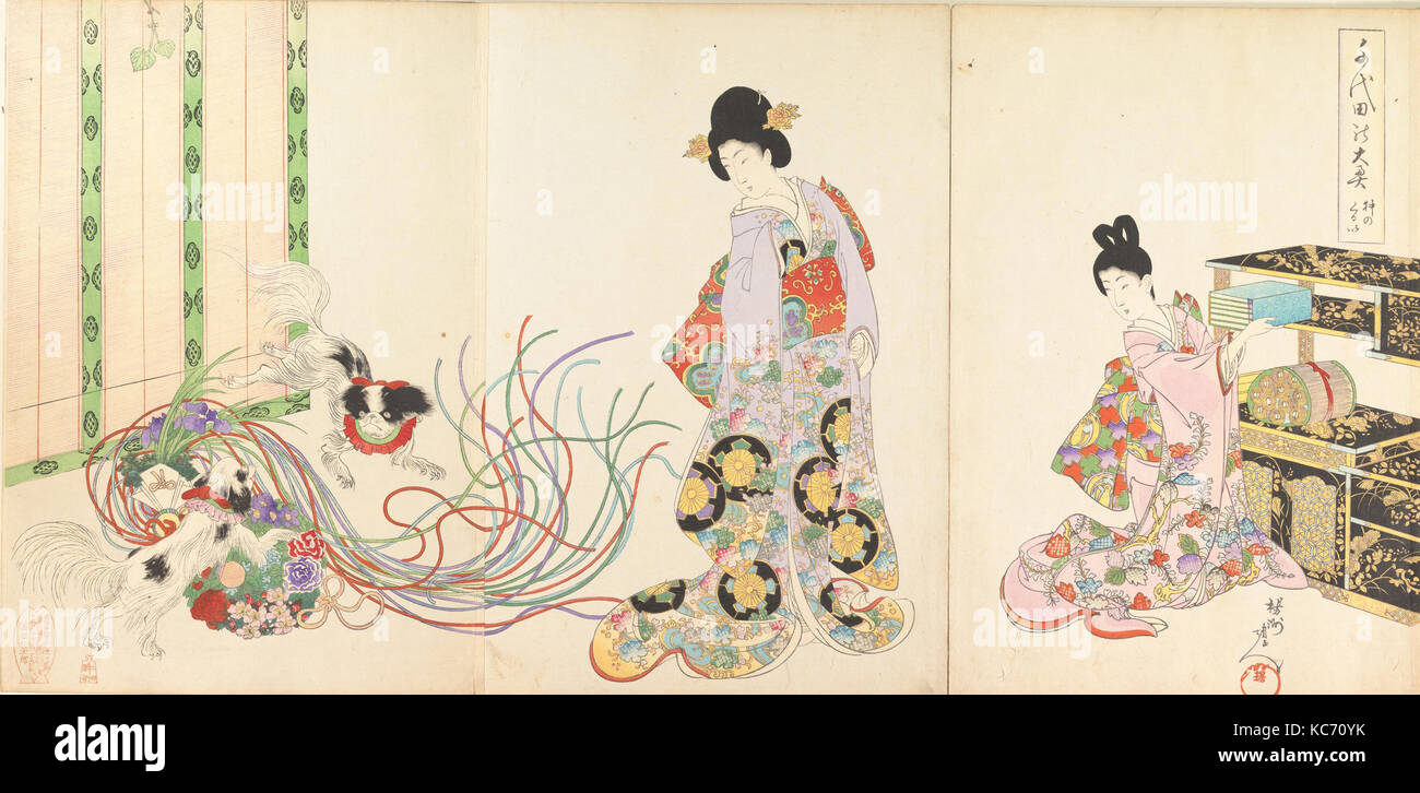 Chiyoda Castle (Album of Women), Meiji period (1868–1912), 1895, Japan, Triptych of polychrome ...
