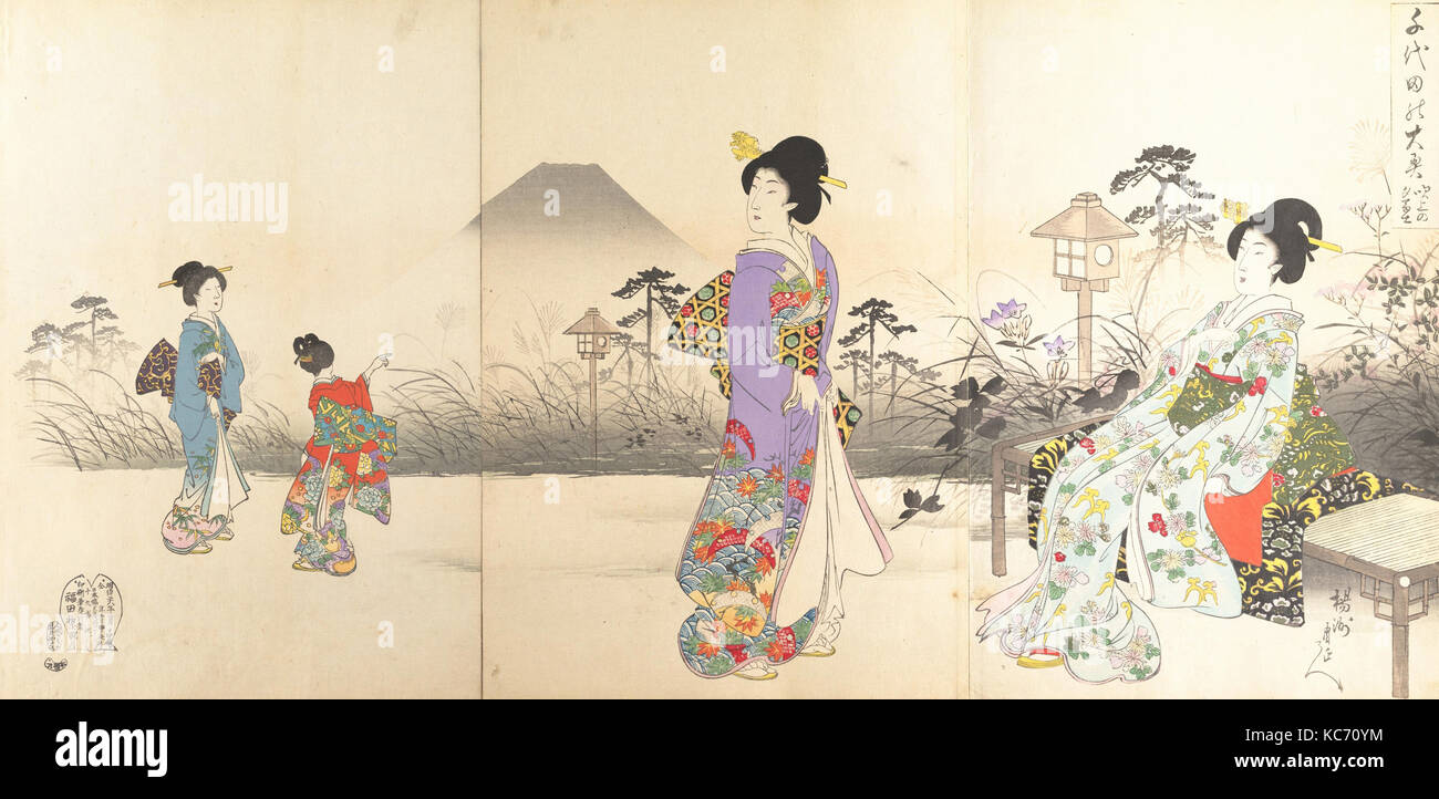 Chiyoda Castle (Album of Women), Meiji period (1868–1912), 1895, Japan, Triptych of polychrome ...
