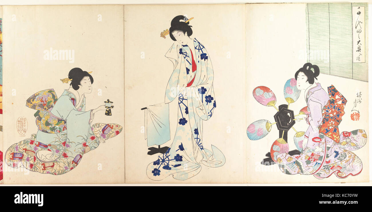 Chiyoda Castle (Album of Women), Meiji period (1868–1912), 1895, Japan, Triptych of polychrome ...