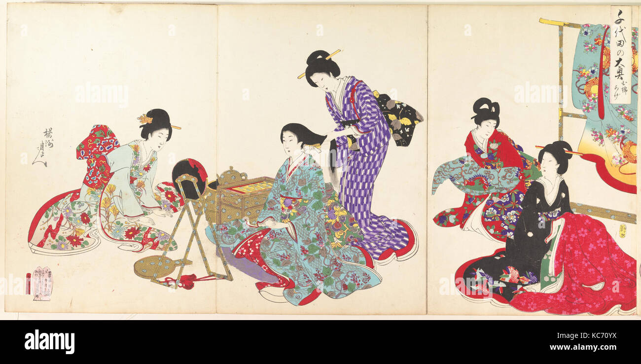 Chiyoda Castle (Album of Women), Meiji period (1868–1912), 1895, Japan, Triptych of polychrome ...