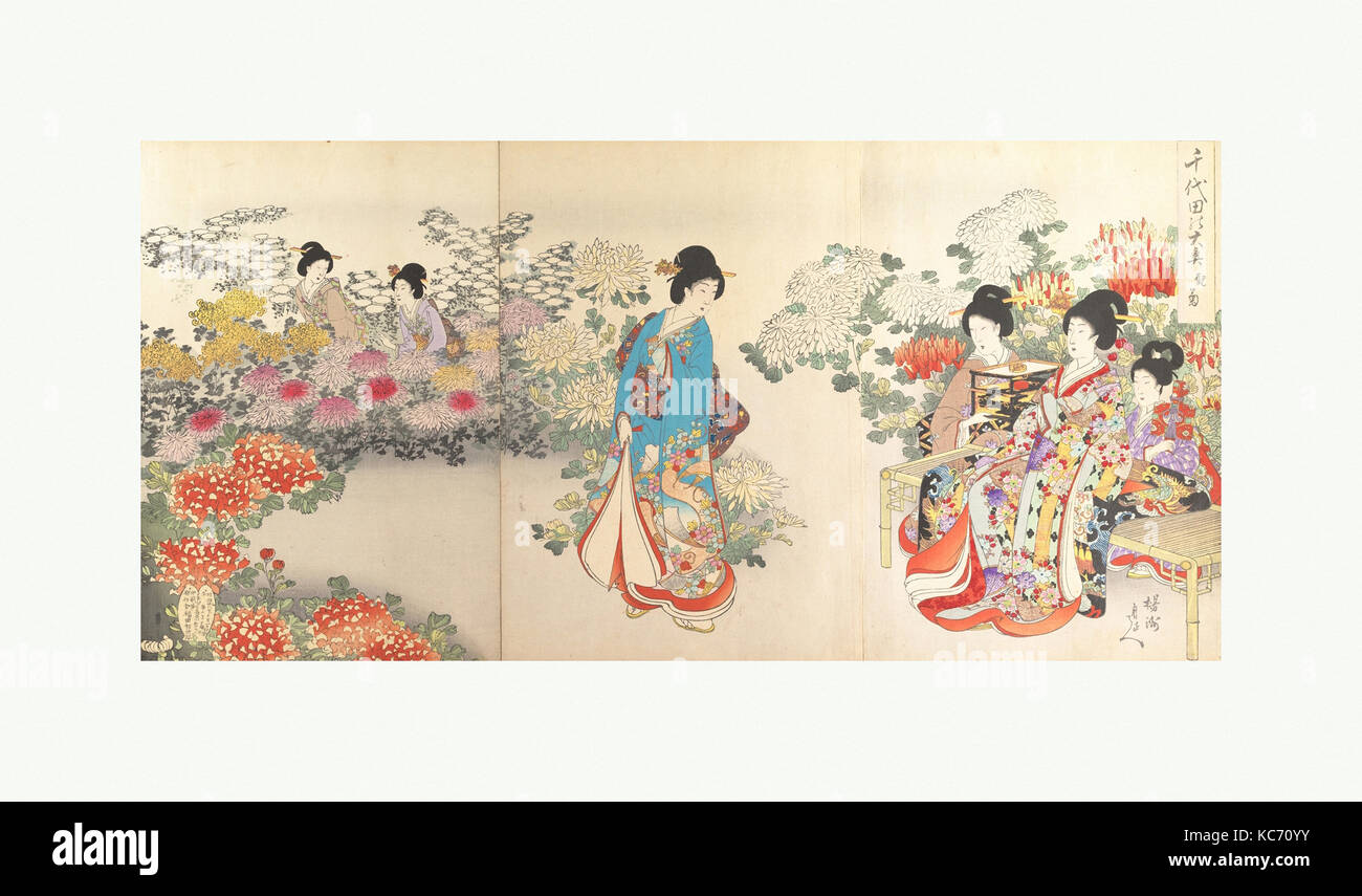 Chiyoda Castle (Album of Women), Meiji period (1868–1912), 1895, Japan, Triptych of polychrome ...