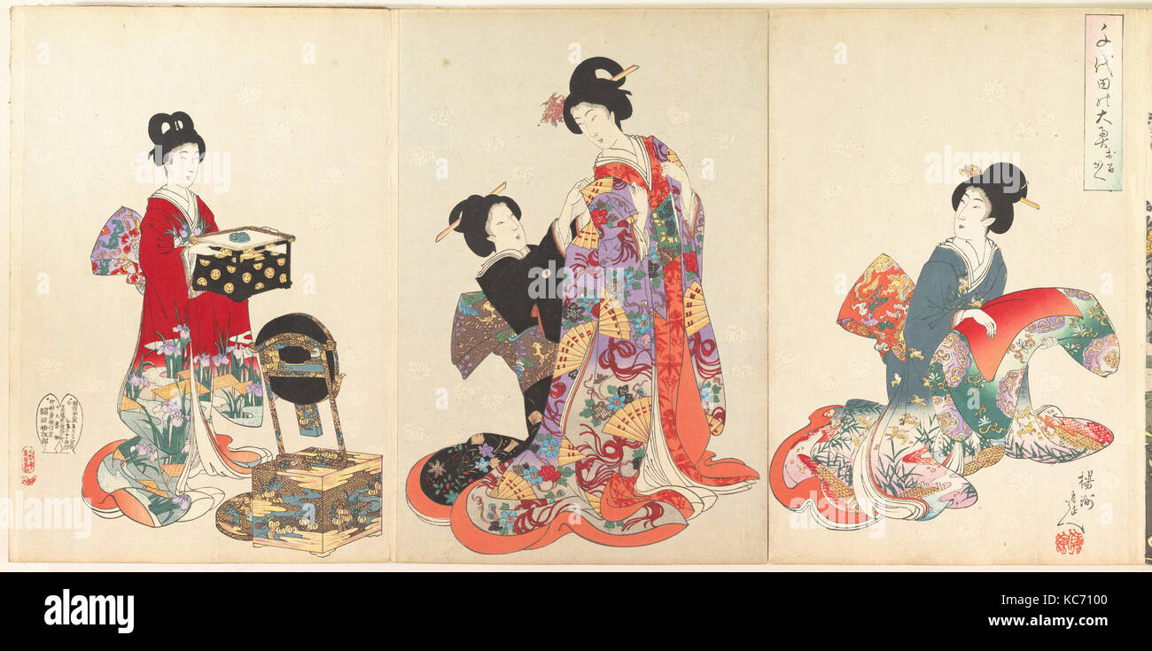 Chiyoda Castle (Album of Women), Meiji period (1868–1912), 1895, Japan, Triptych of polychrome ...