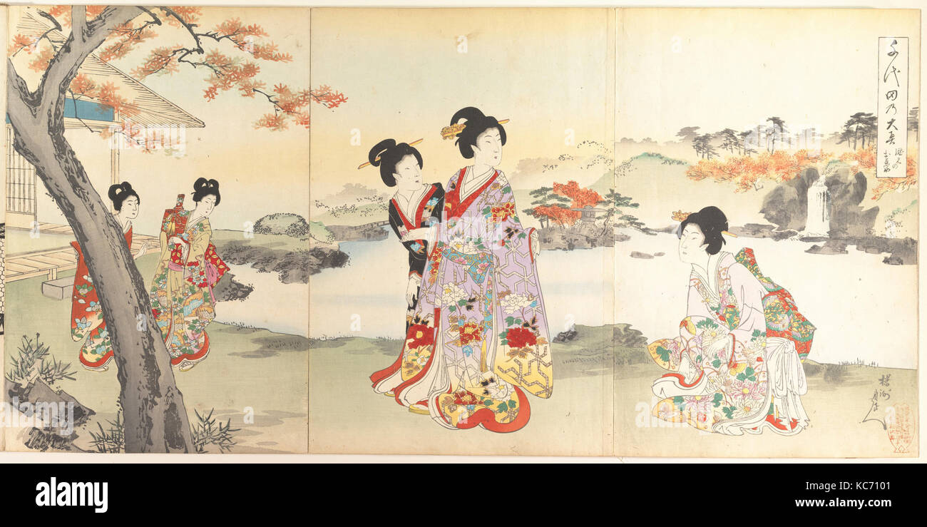 Chiyoda Castle (Album of Women), Meiji period (1868–1912), 1895, Japan, Triptych of polychrome ...