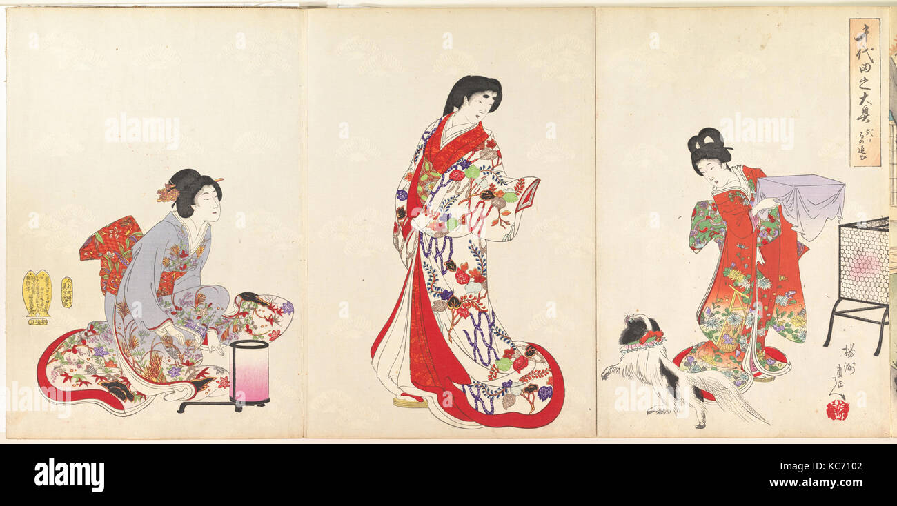 Chiyoda Castle (Album of Women), Meiji period (1868–1912), 1895, Japan, Triptych of polychrome ...