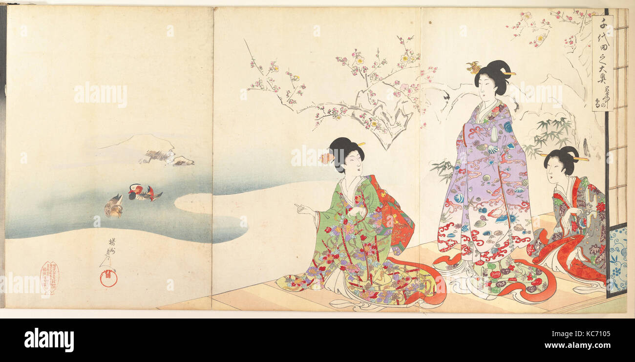 Chiyoda Castle (Album of Women), Meiji period (1868–1912), 1895, Japan, Triptych of polychrome ...