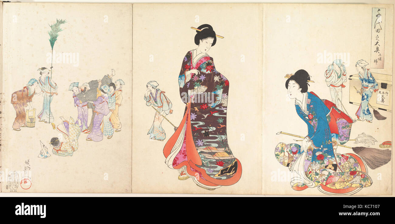Chiyoda Castle (Album of Women), Meiji period (1868–1912), 1895, Japan, Pentaptych of polychrome ...