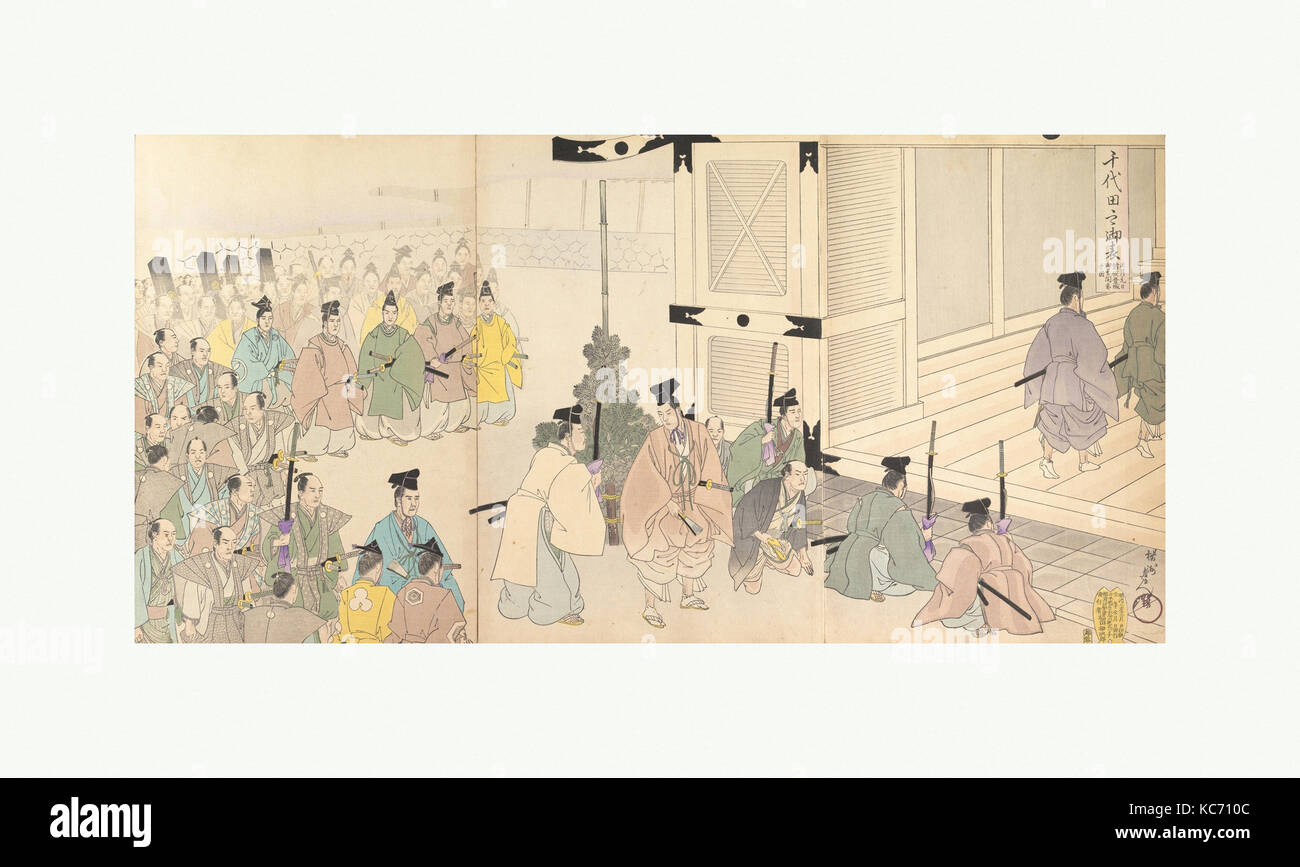 Chiyoda Castle (Album of Men), Meiji period (1868–1912), 1897, Japan, Triptych of polychrome ...