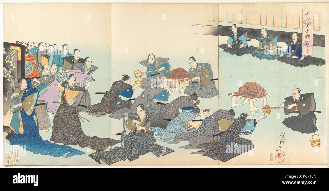 Chiyoda Castle (Album of Men), Meiji period (1868–1912), 1897, Japan, Triptych of polychrome ...