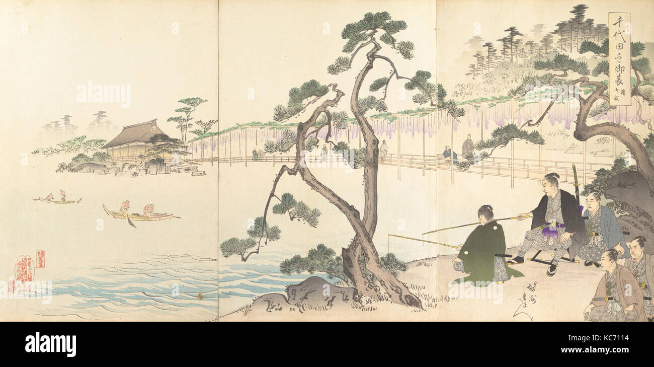 Chiyoda Castle (Album of Men), Meiji period (1868–1912), 1897, Japan, Triptych of polychrome ...