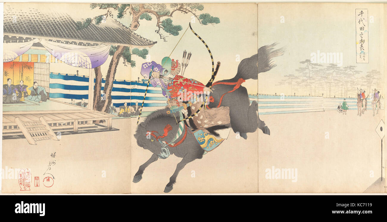 Chiyoda Castle (Album of Men), Meiji period (1868–1912), 1897, Japan, Triptych of polychrome ...
