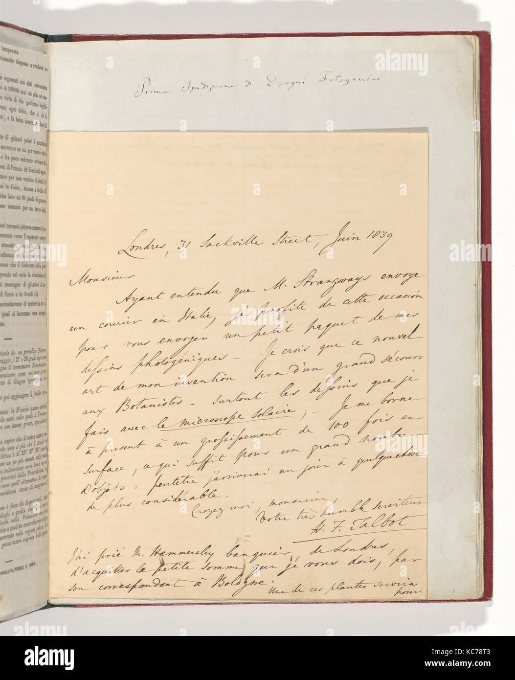 Manuscript Letter from W. H. Fox Talbot to Antonio Bertoloni, 1839 ...