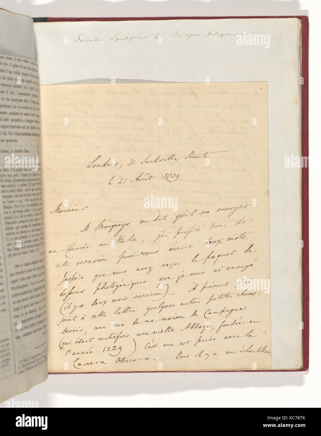 Manuscript Letter from W. H. Fox Talbot to Antonio Bertoloni, 1839 ...