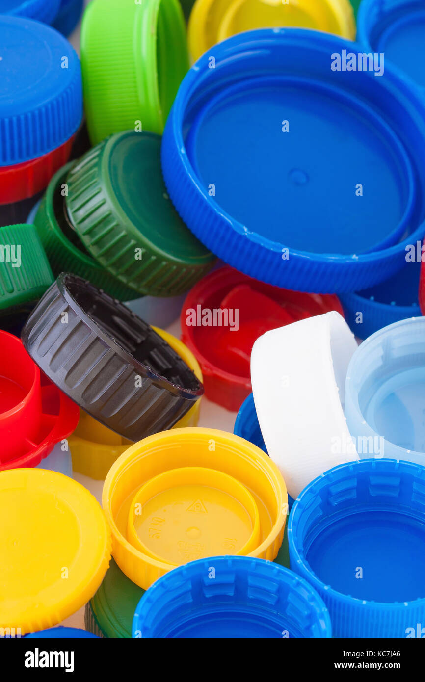 Colorful plastic bottle caps closeup, recycled garbage Stock Photo - Alamy