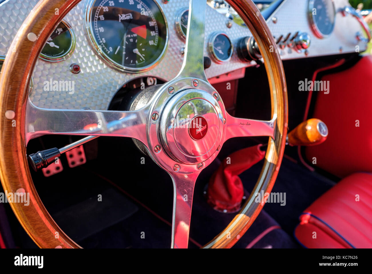 Steering wheel, dashboard, and gear shifter of Allard J2X MK II, modern ...