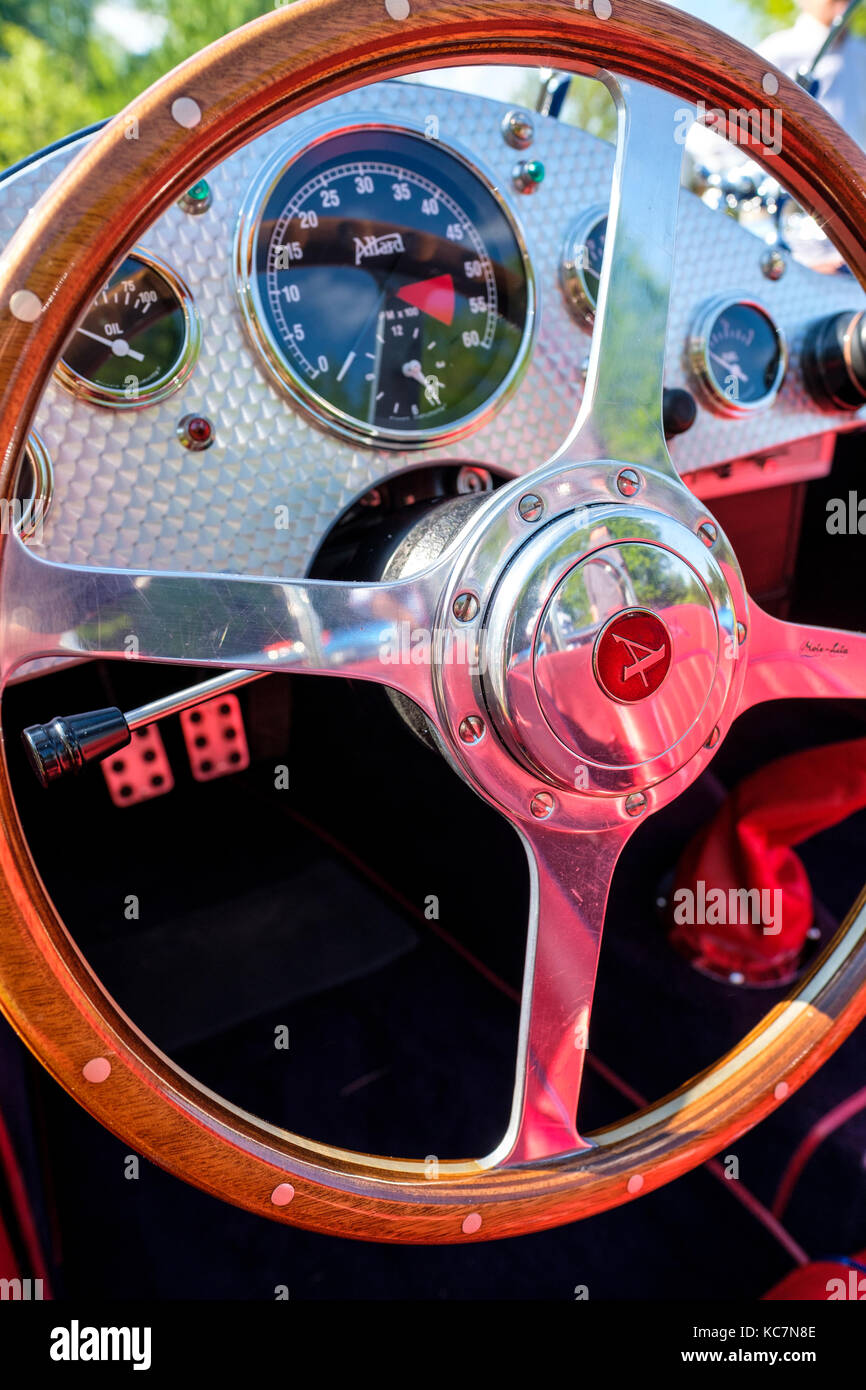 Steering wheel, dashboard, and gear shifter of Allard J2X MK II, modern ...