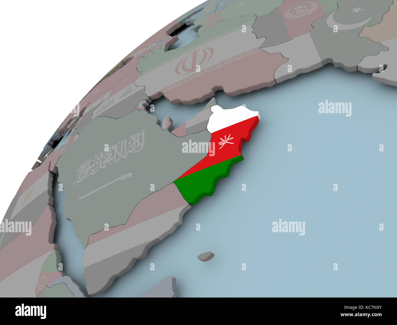 Oman on political globe with embedded flags. 3D illustration Stock ...