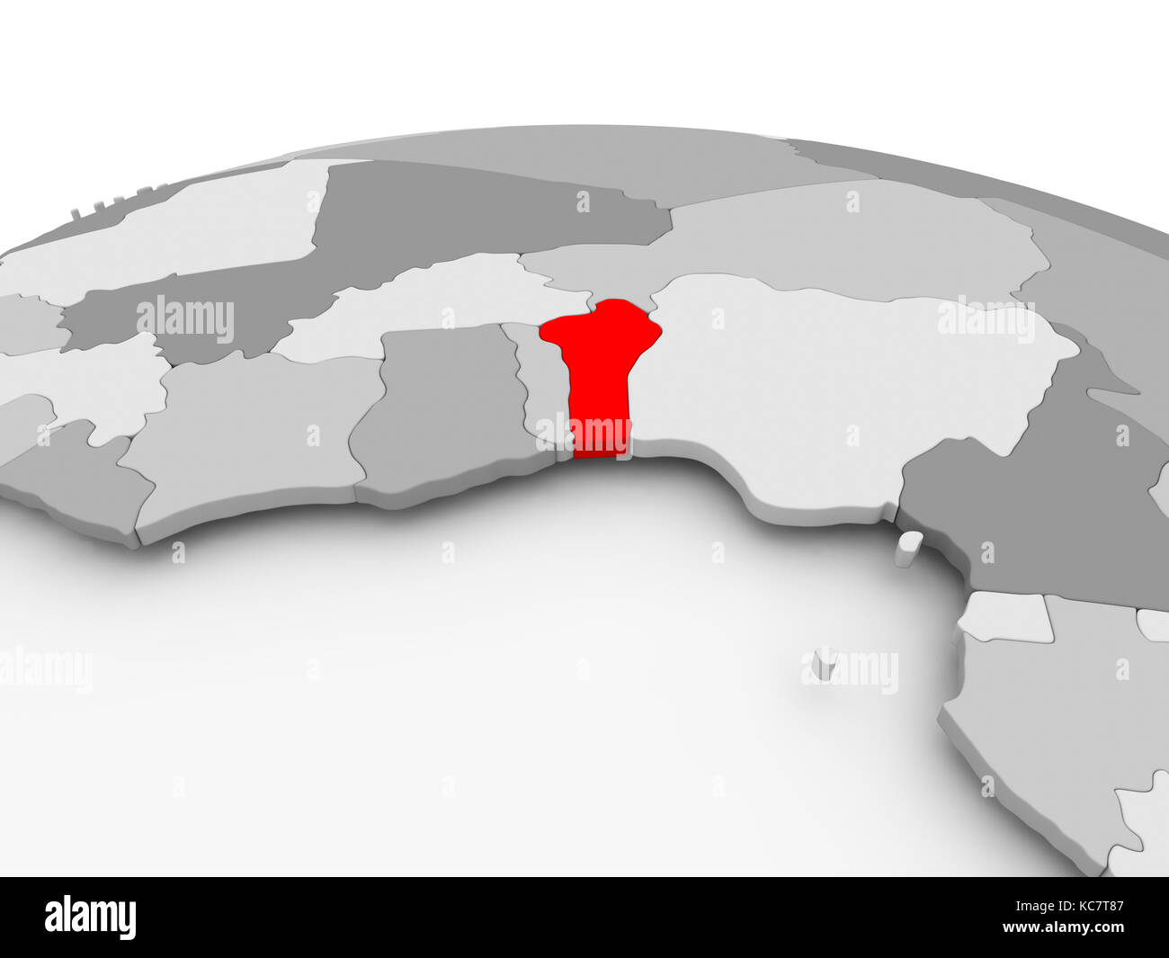 Benin in red on grey model of political globe. 3D illustration Stock ...