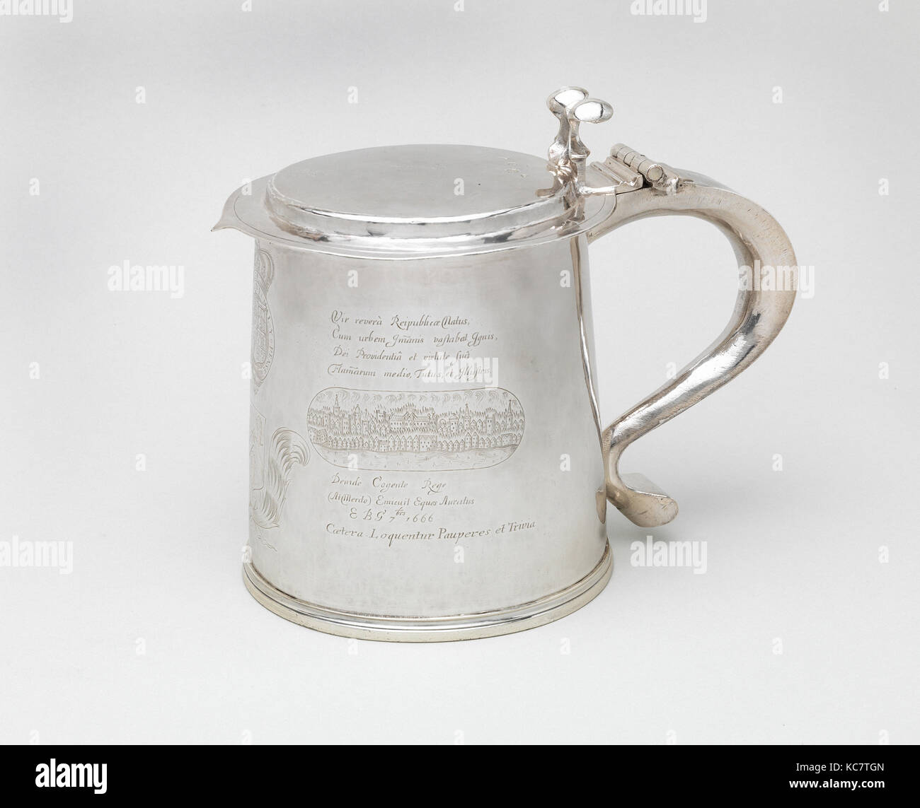 Tankard engraved with scenes depicting the Fire of London and the Great ...