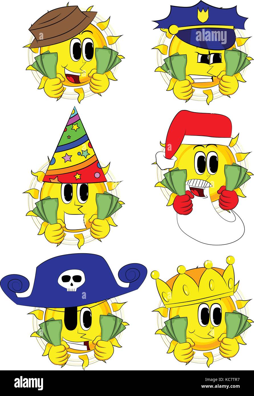 Cartoon sun holding or showing money bills. Collection with costume ...
