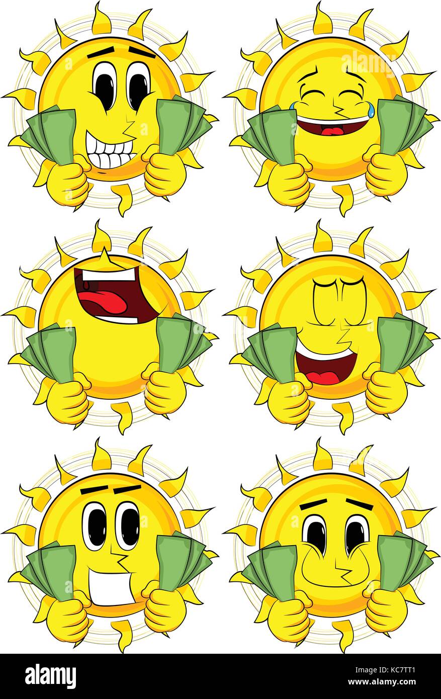 Cartoon sun holding or showing money bills. Collection with happy faces ...