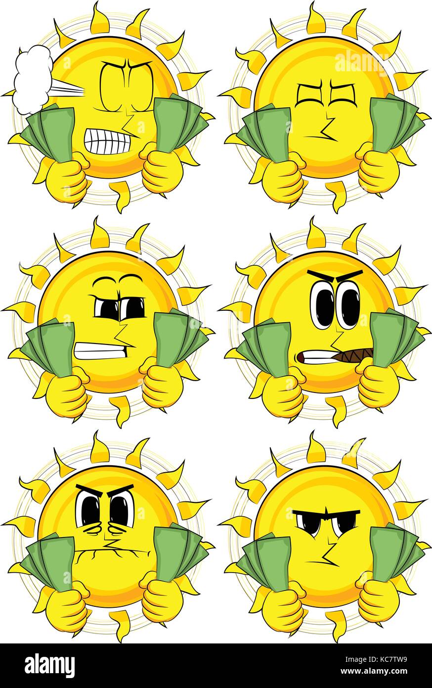Cartoon sun holding or showing money bills. Collection with angry faces ...