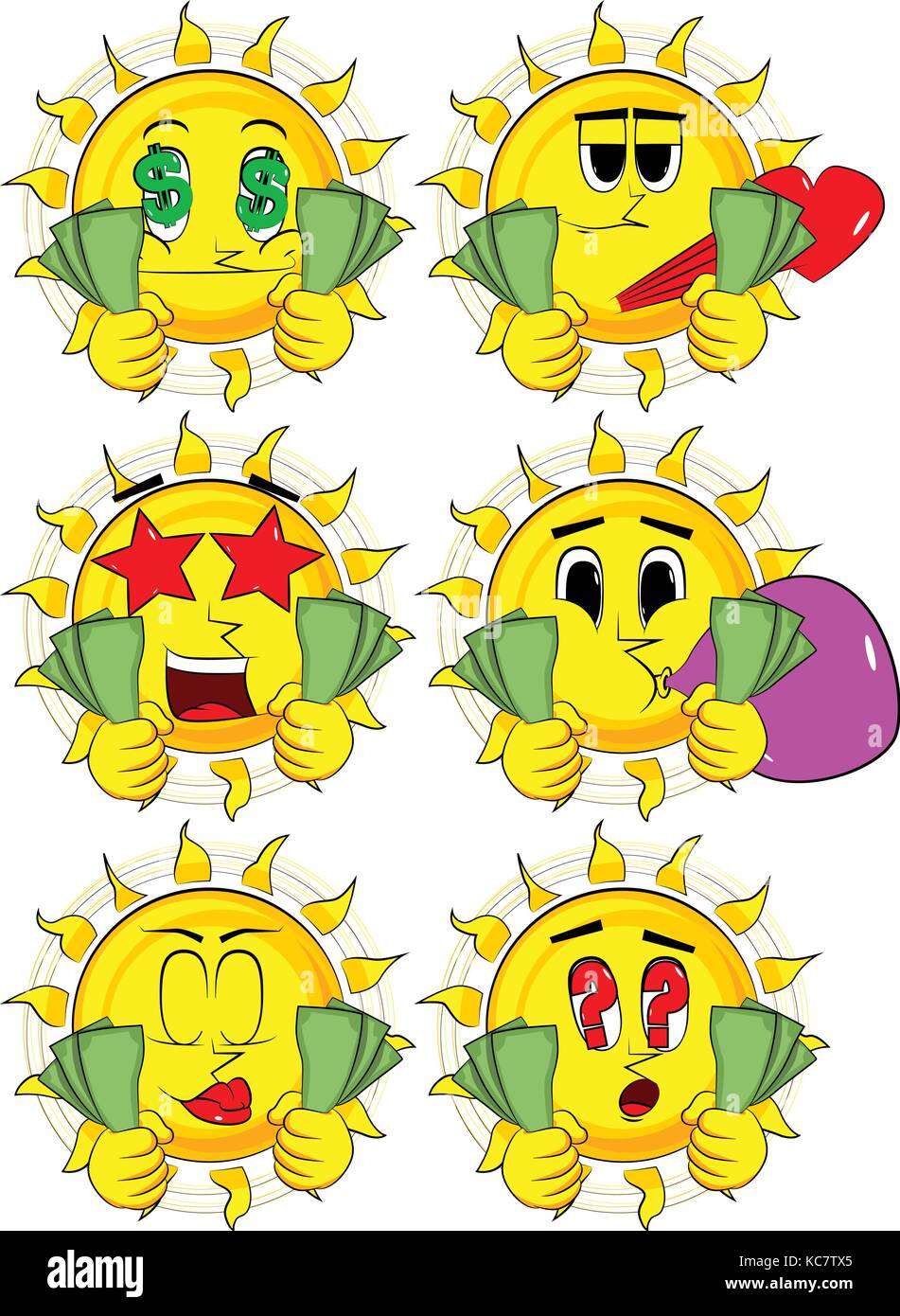 Cartoon sun holding or showing money bills. Collection with various ...